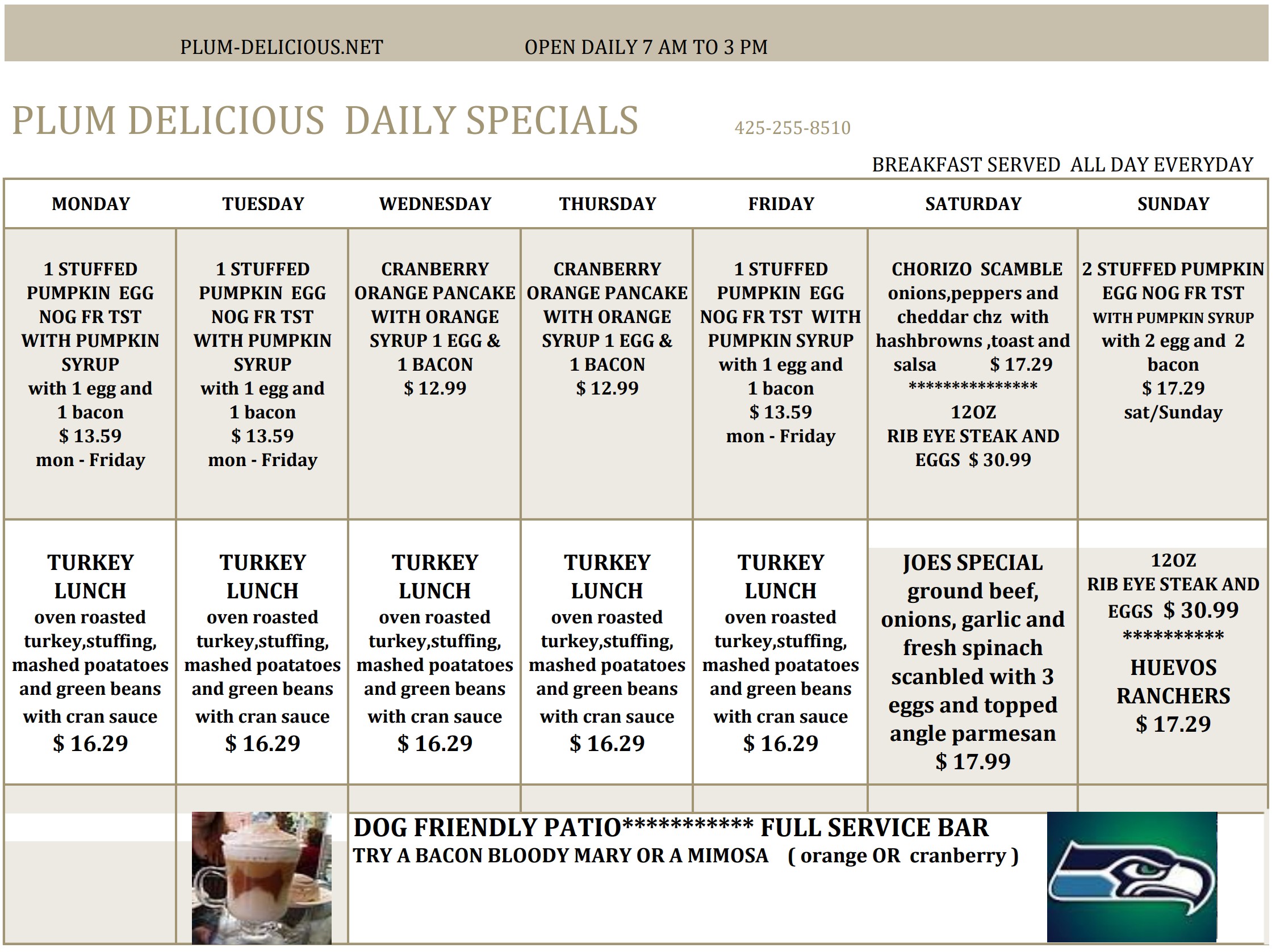 Daily Specials Restaurant Renton| Daily Specials Menu